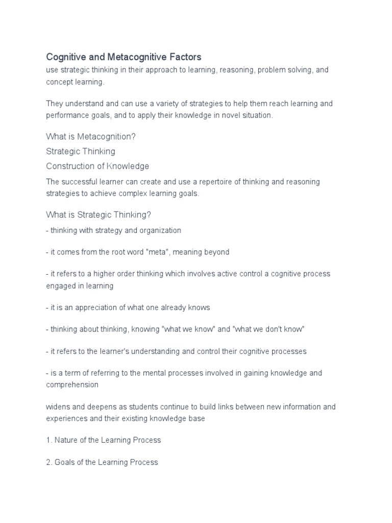 Cognitive and Metacognitive Factors | PDF | Career & Growth