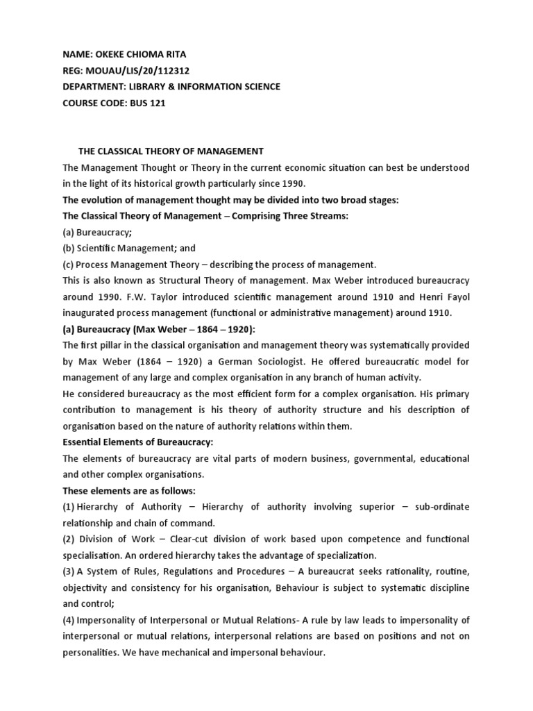 Classical and Neoclassical Theory of Management | PDF | Bureaucracy ...