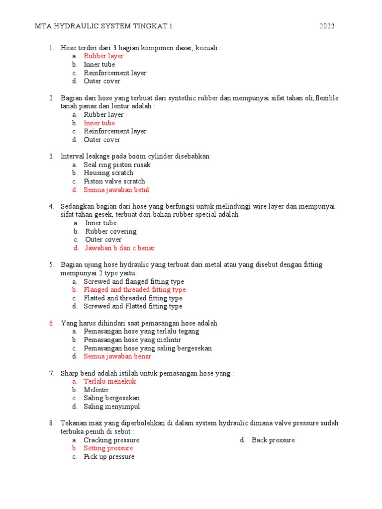 Soal Mta Hydraulic PC200-8 2022 | PDF
