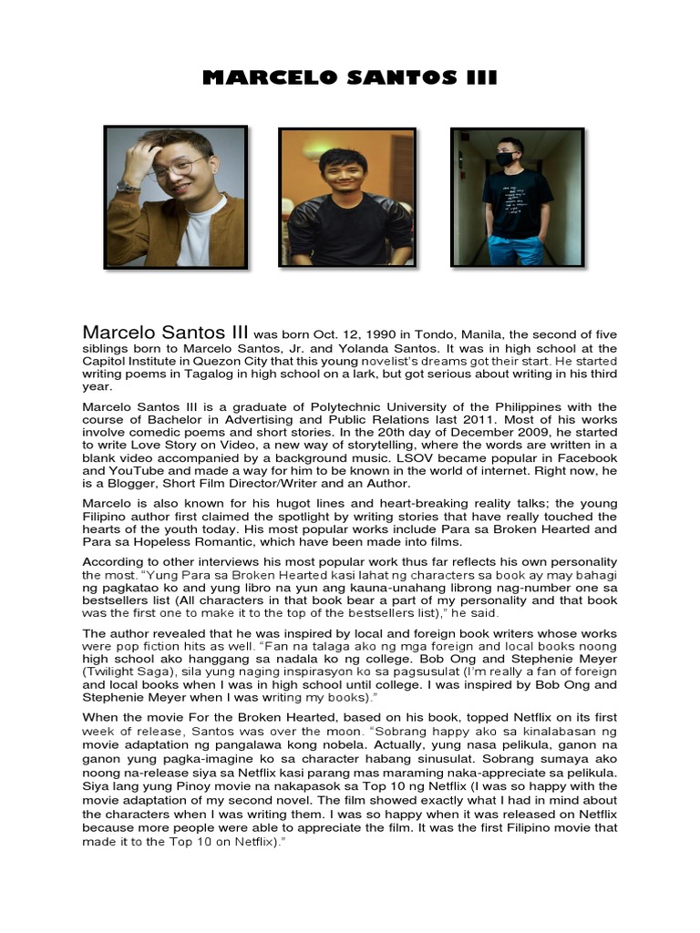 Profile of Young Filipino Author Marcelo Santos III and Overview of His ...