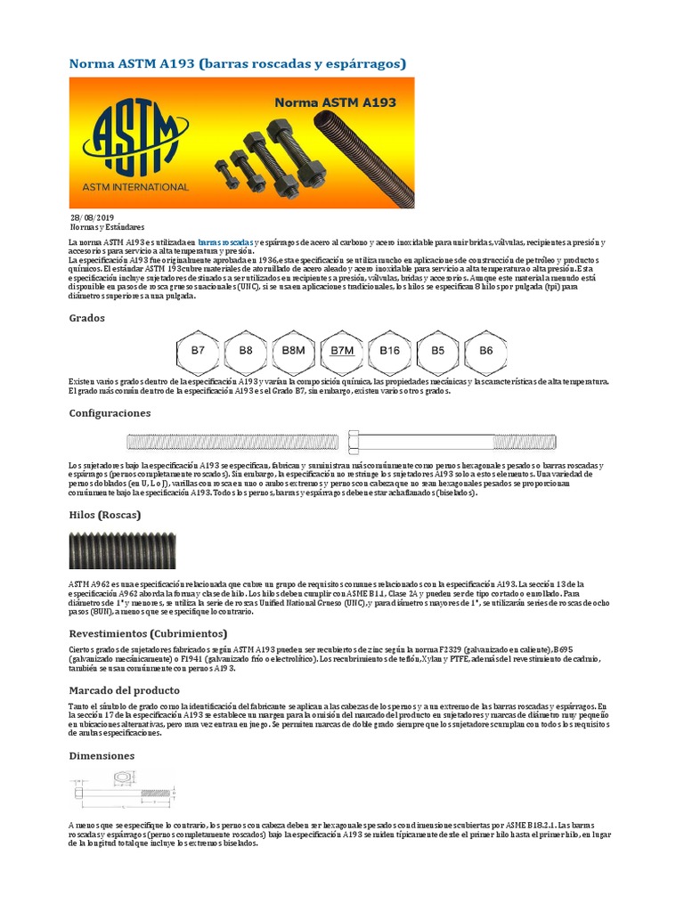 Norma ASTM A193 (Barras Roscadas y Espárragos) | PDF | Acero | Materiales