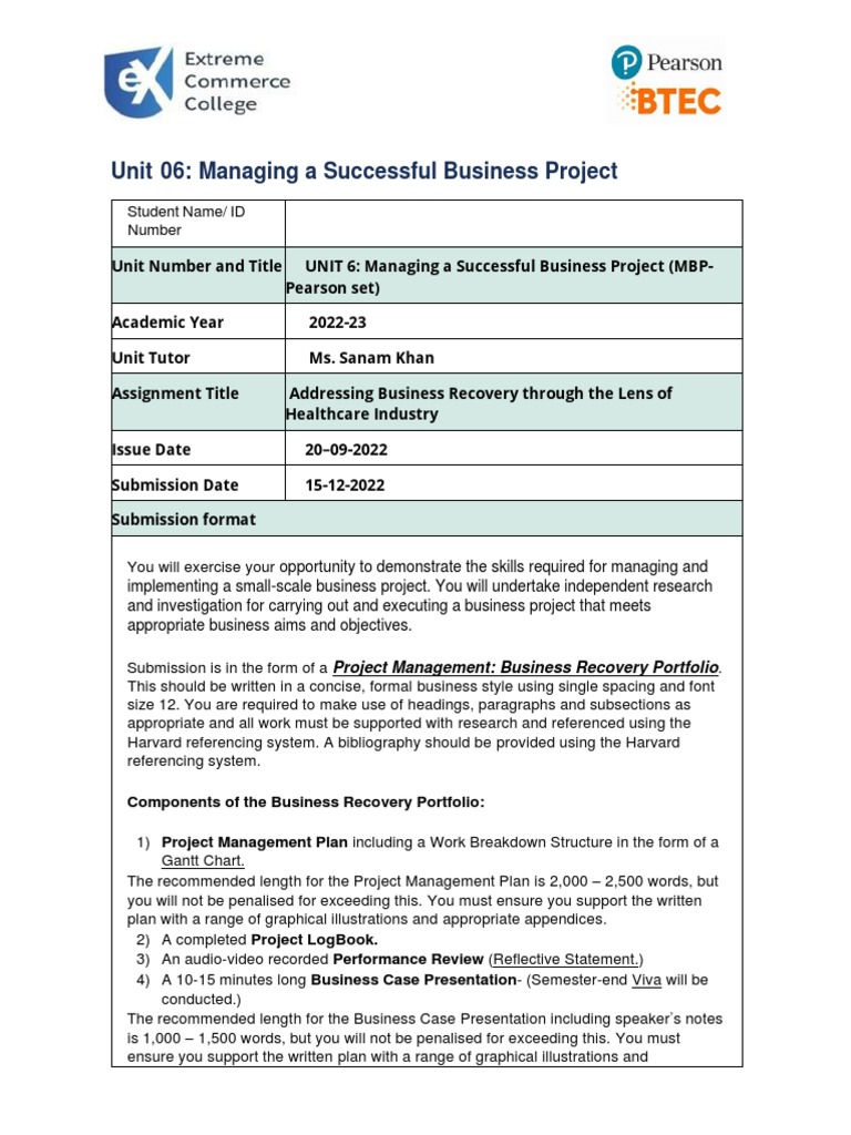 Assignment Brief - UNIT #6 - Managing BusProject | PDF | Project ... Assignment Brief - UNIT #6 - Managing BusProject | PDF | Project ...