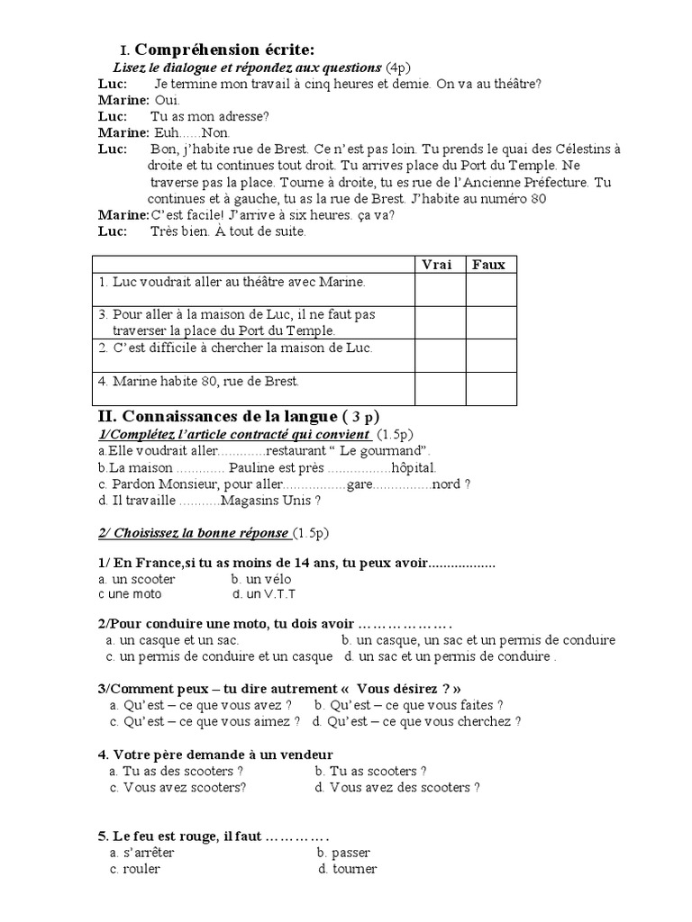 Compréhension Écrite:: 1/complétez L'article Contracté Qui Convient (1 ...