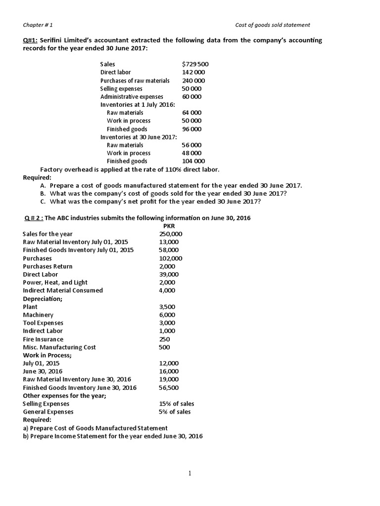 Cost of Goods Sold Statement - Practice Question | PDF | Cost Of Goods ...