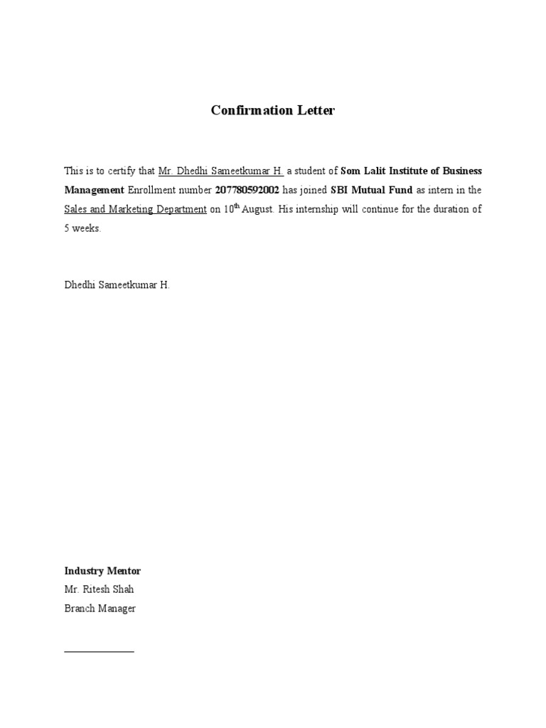 Format 2b Internship Confirmation Letter | PDF