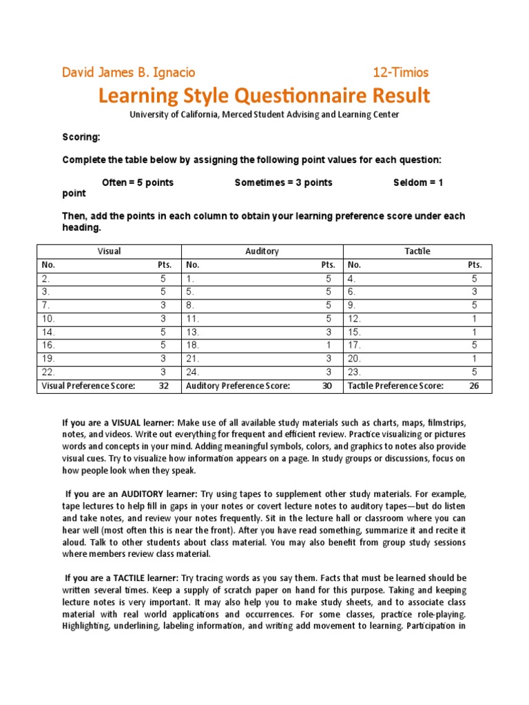 (Template) Learning Styles Questionnaire (David James B. Ignacio) | PDF | Learning Styles | Learning