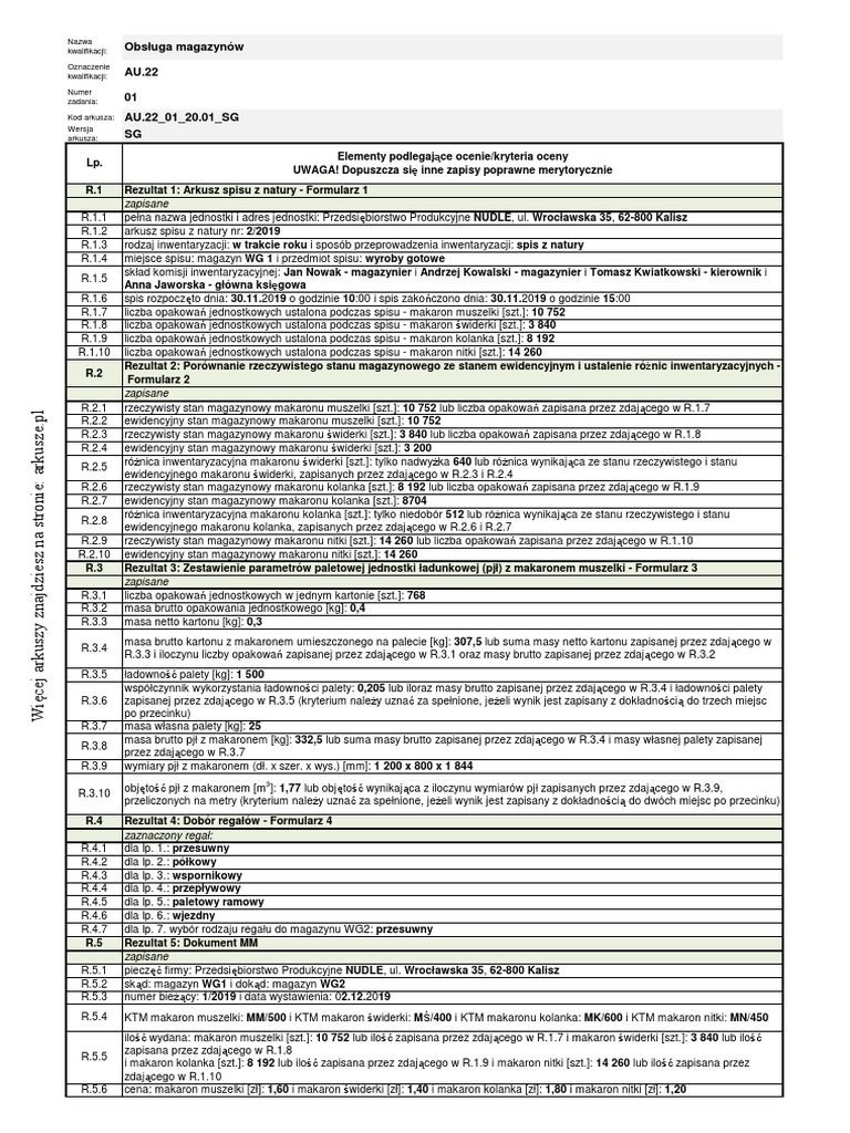 Au22 2020 Styczen Egzamin Zawodowy Praktyczny Zasady Oceniania | PDF