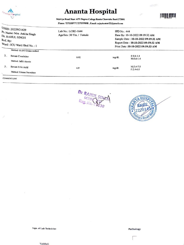 Ananta Hospital Lab Test Results | PDF | White Blood Cell | Blood Cell