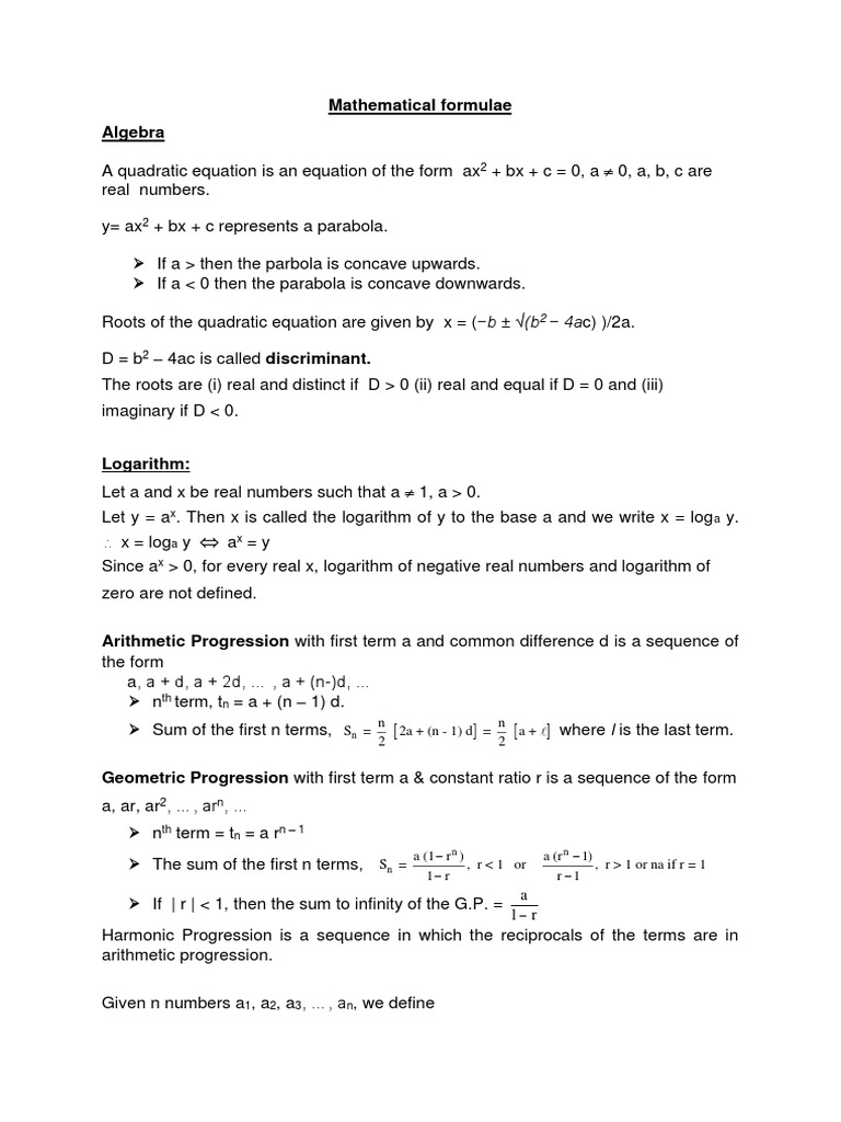 Mathematics Formula Book - First Year | PDF | Maxima And Minima ...