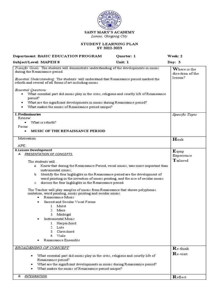 MAPEH 8 Lesson Plan Music 2 | PDF | Renaissance