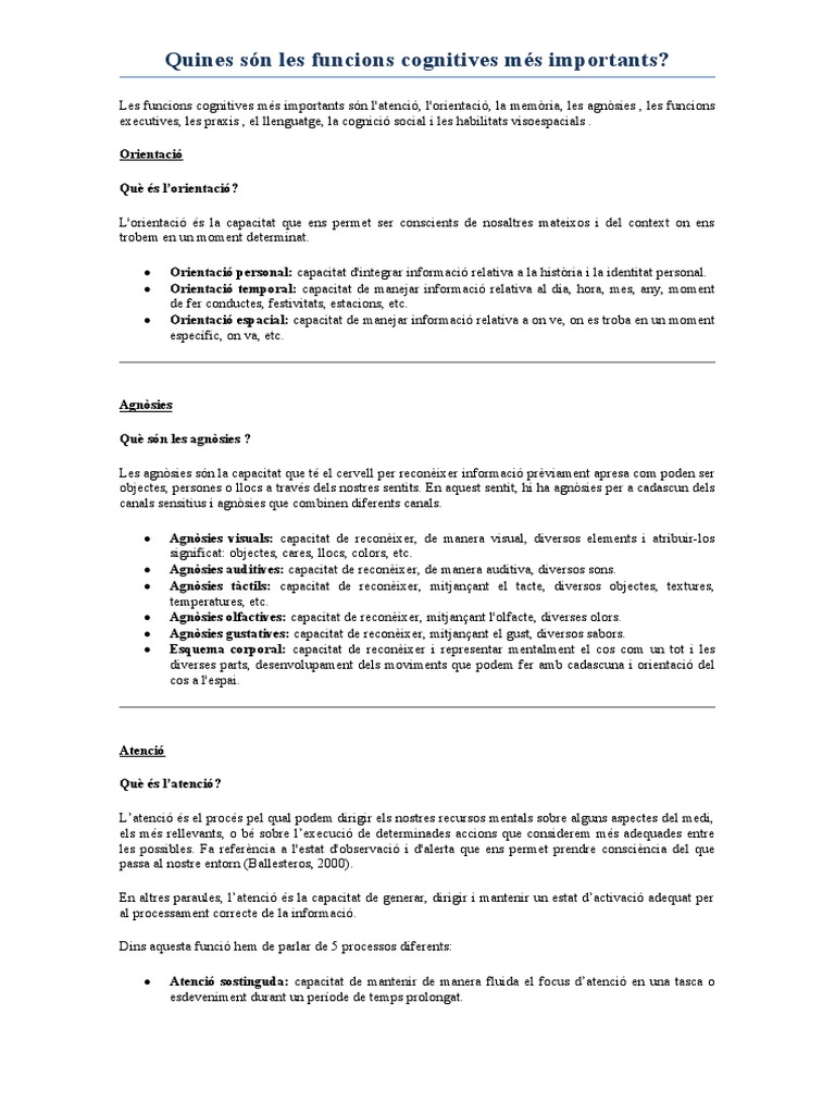 Funcions Cognitives | PDF