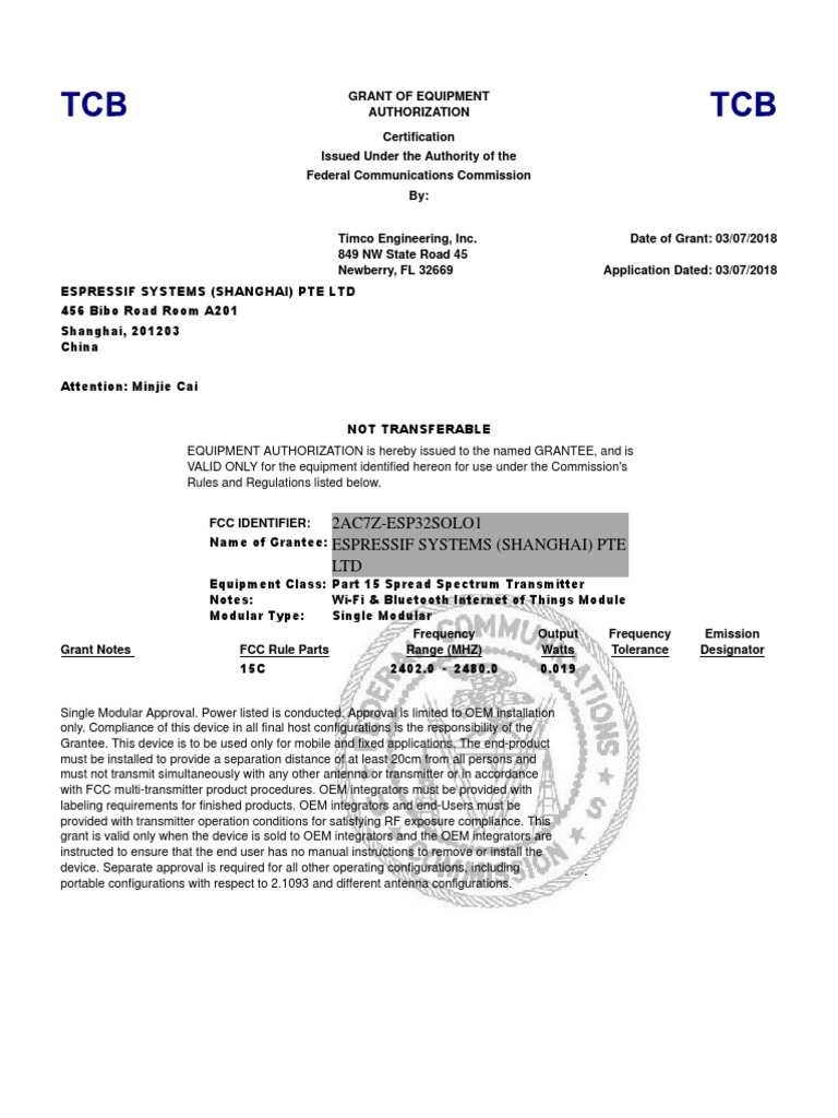 Esp32-Solo-1 FCC BT Certificate | PDF | Transmitter | Federal Communications Commission