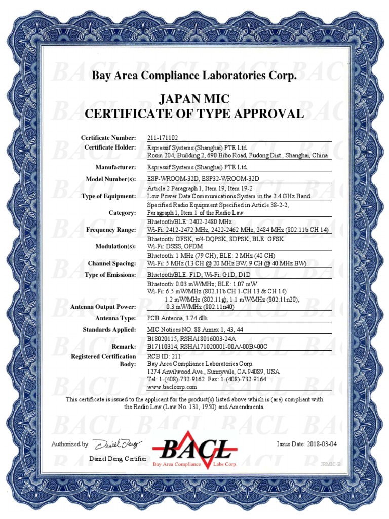 Japan MIC Type Approval for ESP32 | PDF | Ieee 802.11 | Wi Fi