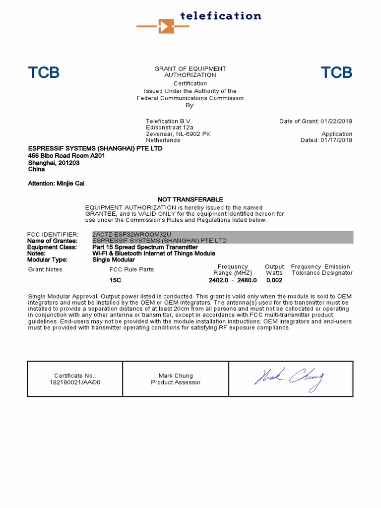 Esp32-Wroom-32u Fcc Bt Certificate | PDF | Transmitter | Federal Communications Commission