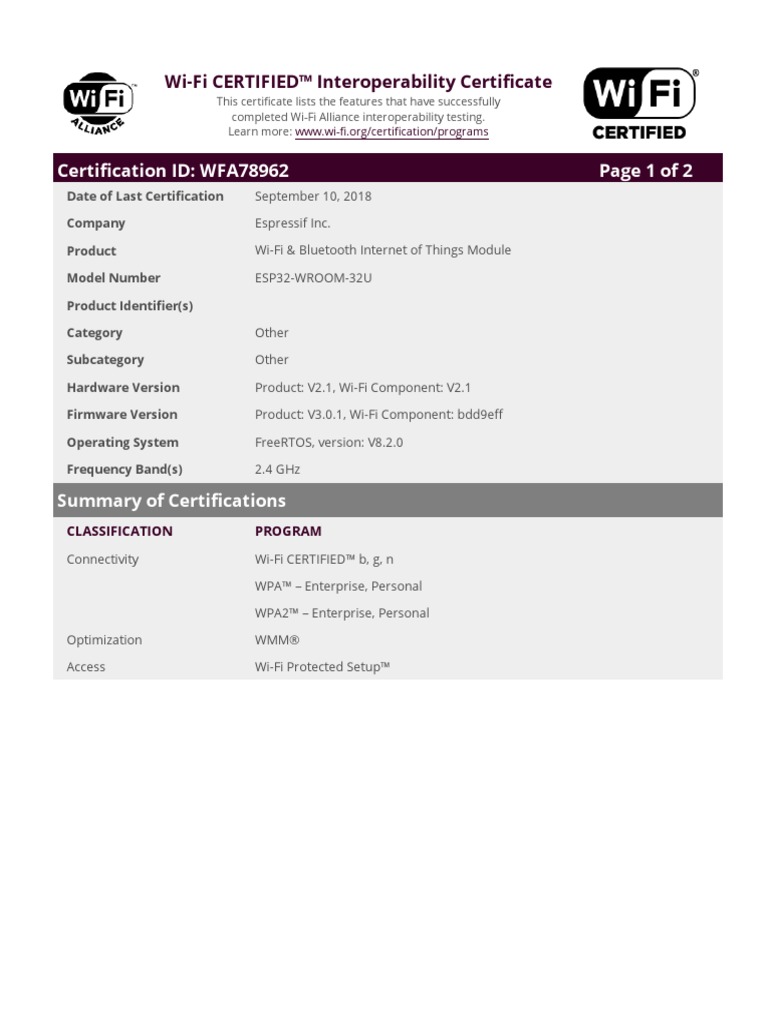 Esp32 Wroom 32u Wi Fi Certificate Pdf