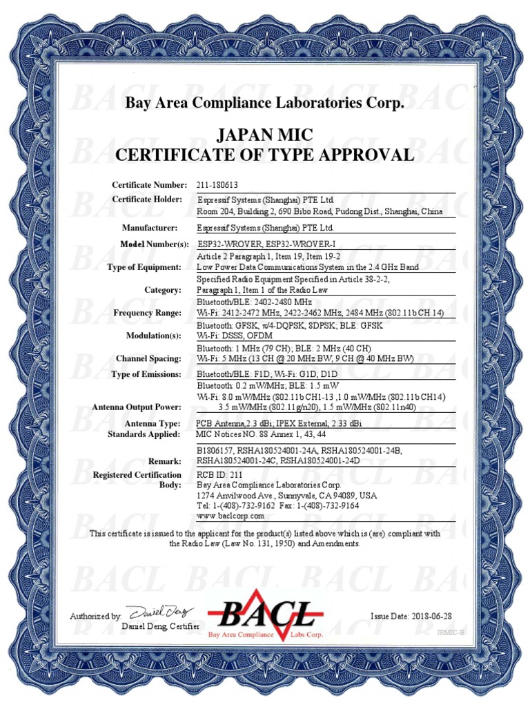 Esp32 Wrover Mic Certificate Pdf Ieee 802 11 Wi Fi
