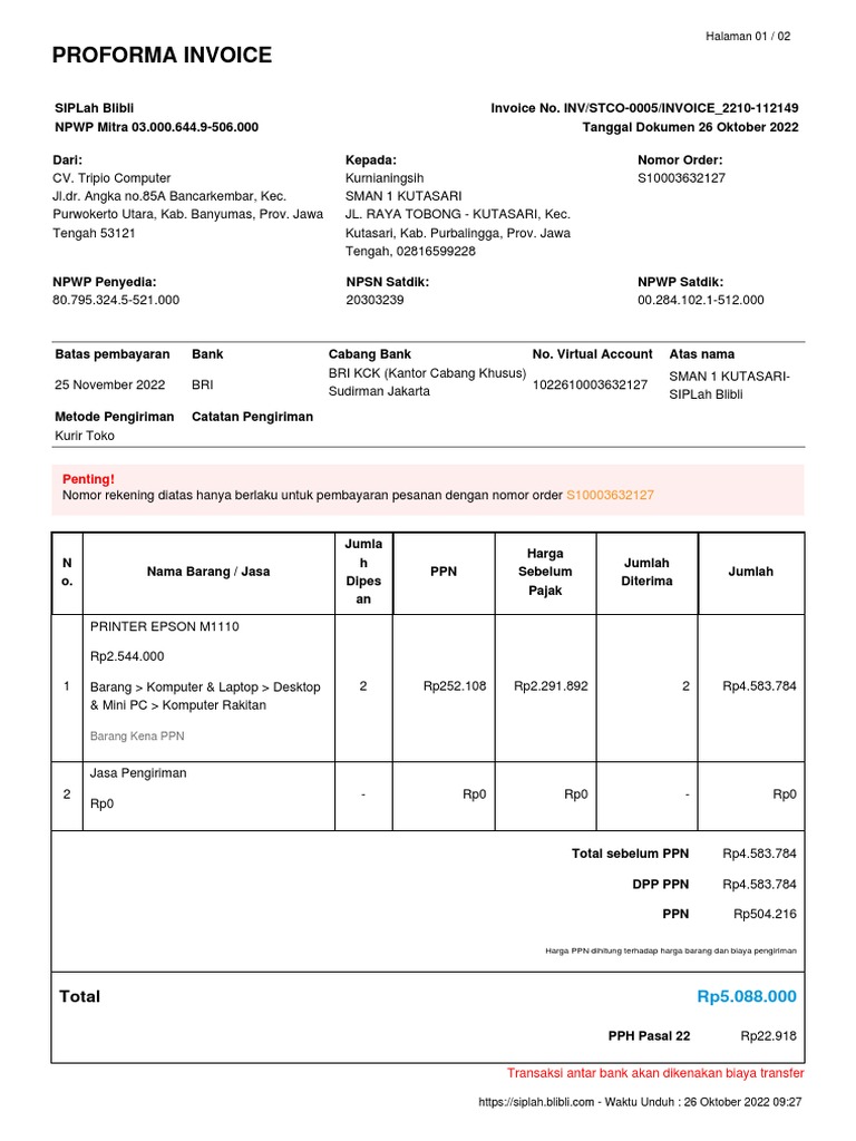 Nota Pembelian Printer Epson M1110 | PDF