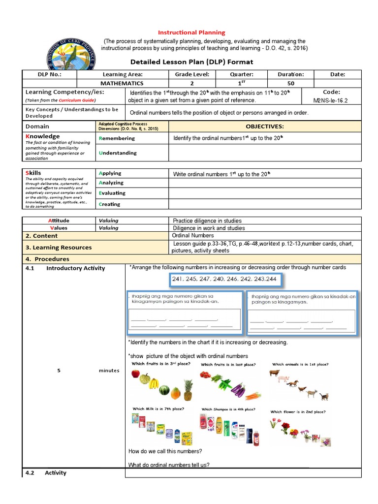 Grade 2 q1 Math Ordinal Numbers | PDF | Learning | Knowledge