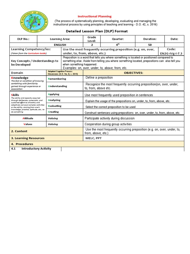 DLP ENGLISH 2 Q4 Frequently Used Prepositions | PDF | Learning ...