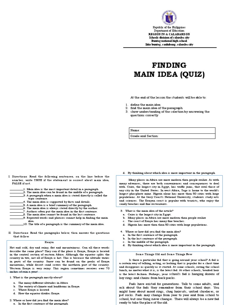 LAS - Main-Idea - Quiz | PDF | Tulip | Netherlands