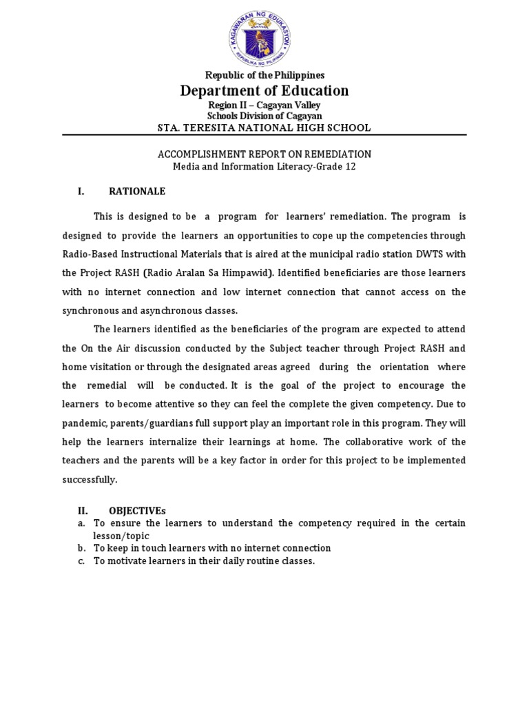 Remediation Accomplishment Report 2023 | PDF | Learning | Teachers