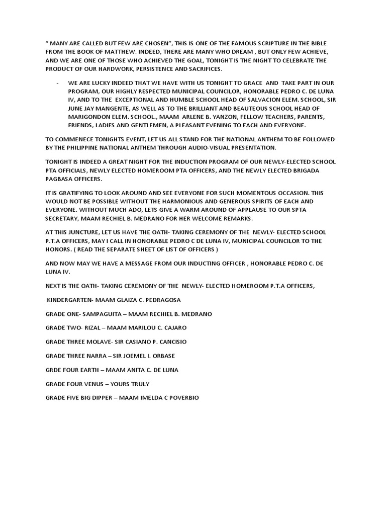 Oath Taking Script Sy 2022-2023 | PDF | Religion & Spirituality