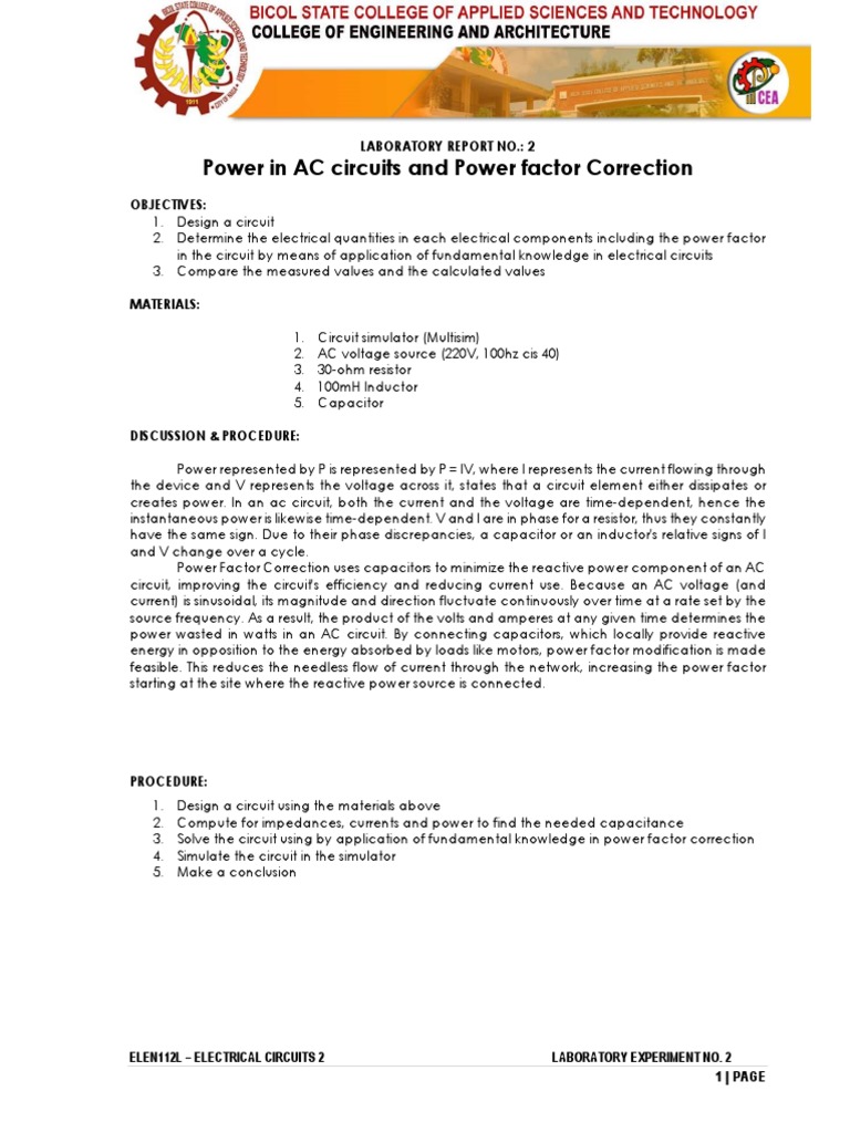 AC Circuit Power Factor Correction Lab Report | PDF | Electric Power | Electrical Network