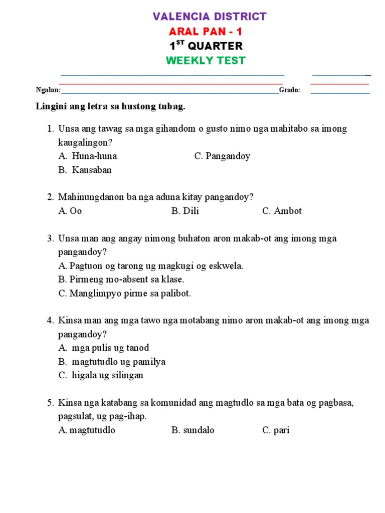 AP WEEKLY TEST Quarter 1 Week 7 Bisaya | PDF