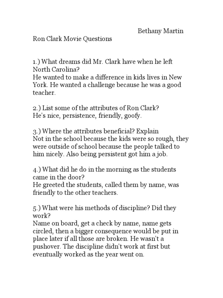 Ron Clark Movie Discussion Questions | PDF | Classroom | Teachers