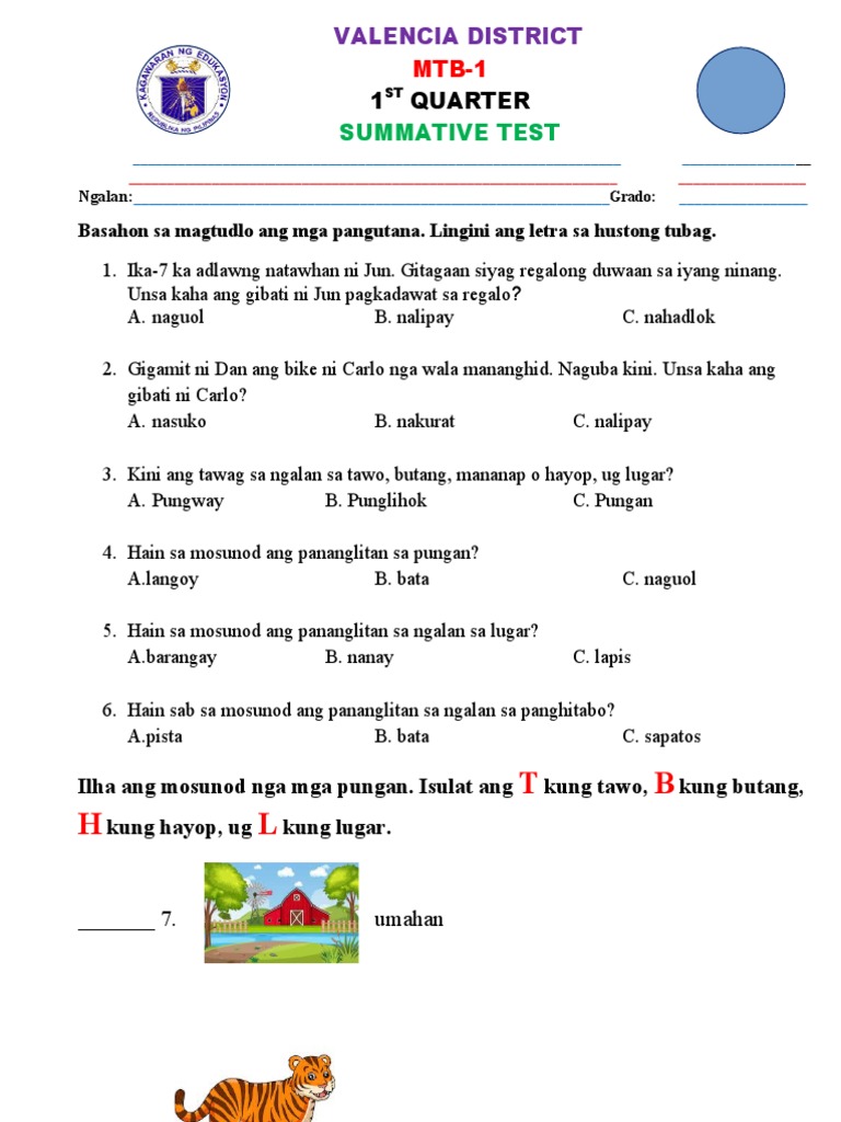 SUMMATIVE TEST MTB Bisaya Quarter 1 Week 6 | PDF