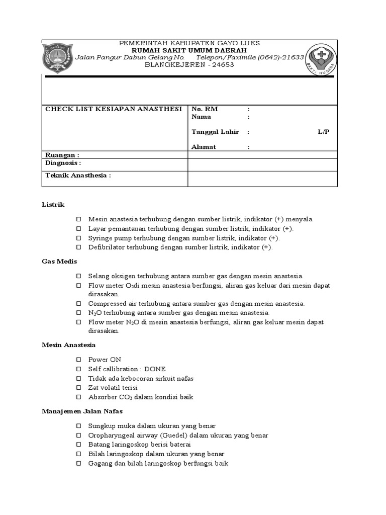 Check List Alat Anestesi | PDF