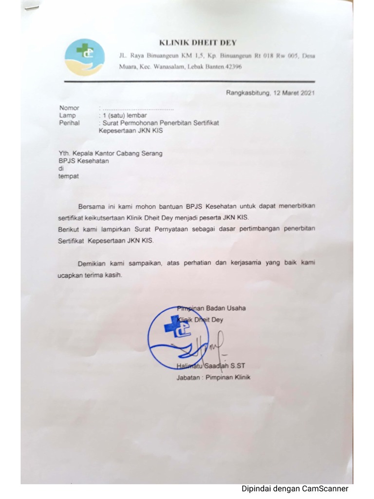 Formulir Penerbitan Sertifikat JKN Klinik Dheit Dey | PDF