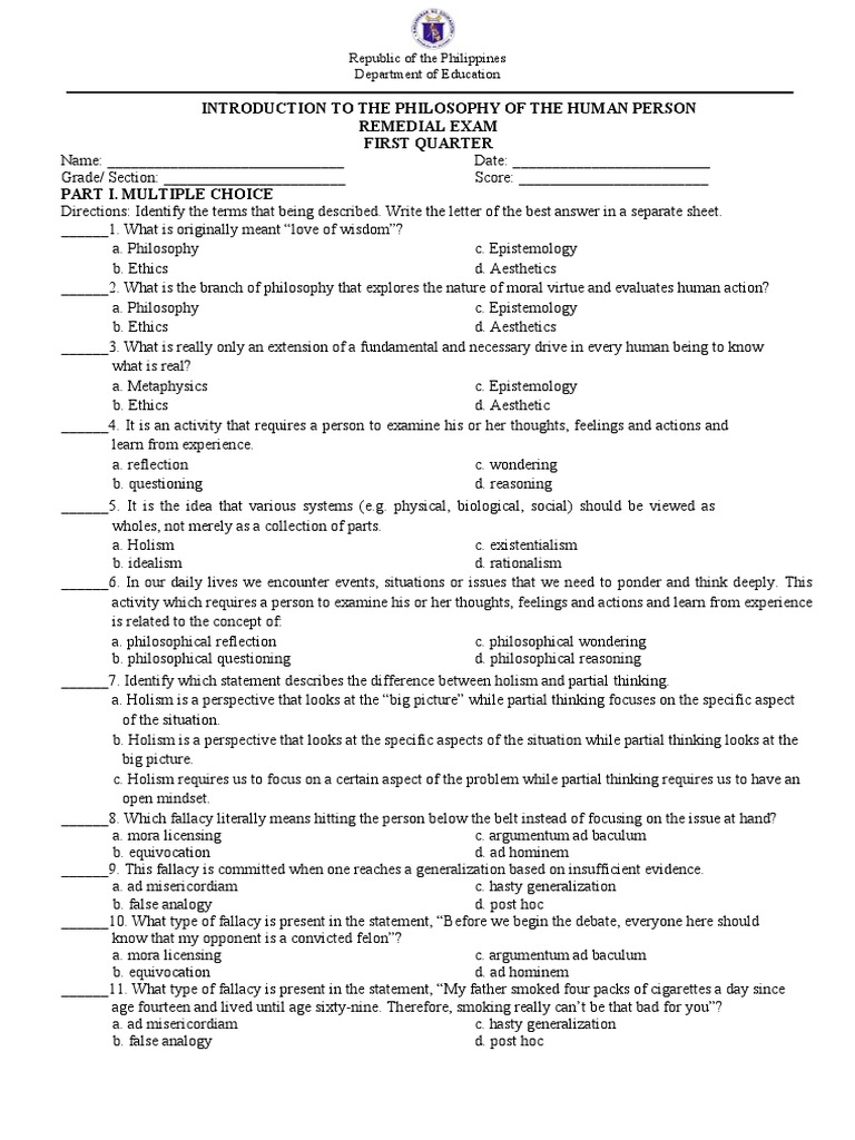 Remedial Exam | PDF | Thought | Epistemology