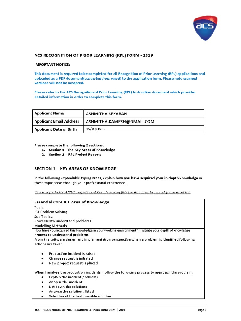 ACS RPL Form Instructions | PDF | Computer Programming | Credit Card