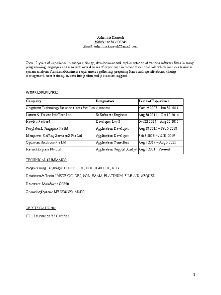 Ashmitha CV Application System Analyst ACS | PDF | Ibm Db2 | Databases