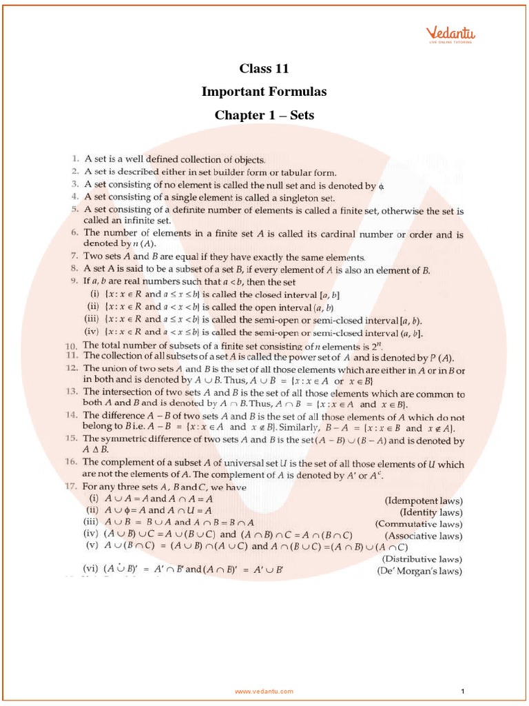 Class 11 Maths Formula Chapter 1 | PDF