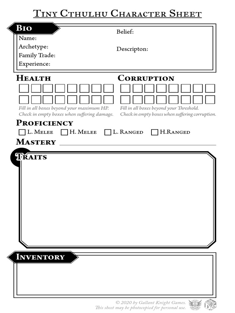 Tiny Cthulhu Character Sheet | PDF