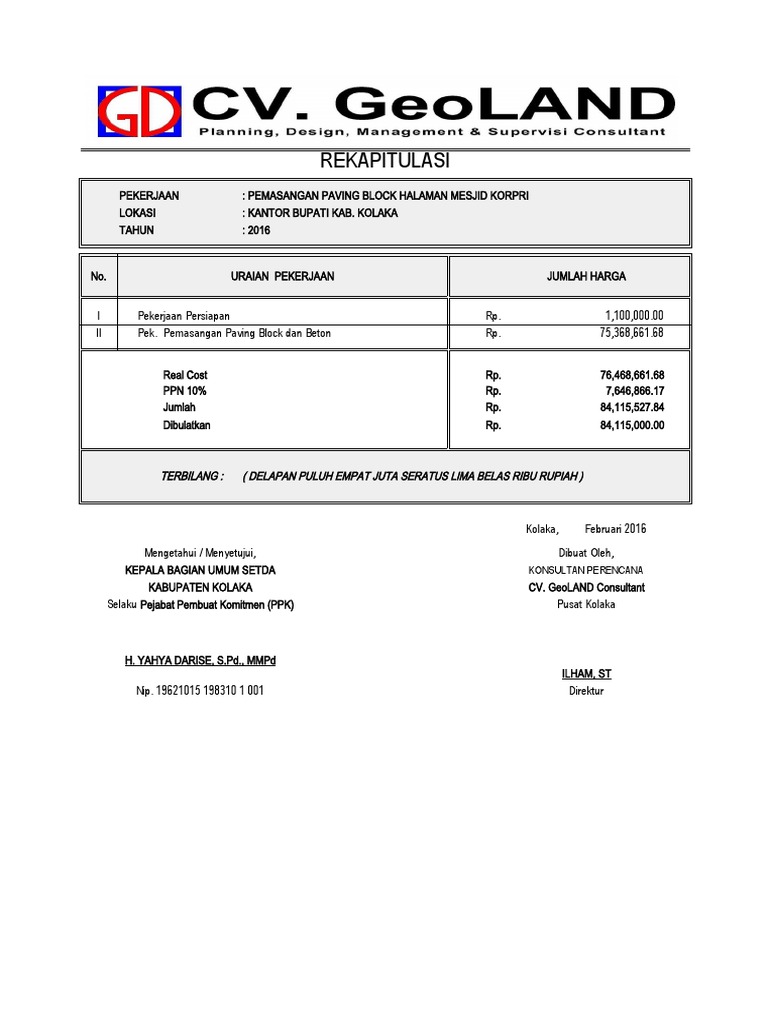 RAB Pemasangan Paving Block Mesjid Korpri | PDF