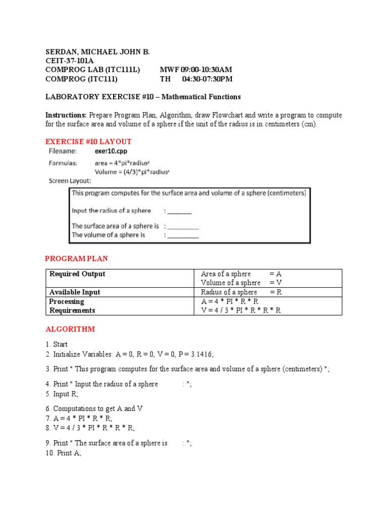 Computing the Surface Area and Volume of a Sphere Using C++ | PDF | Pi ...