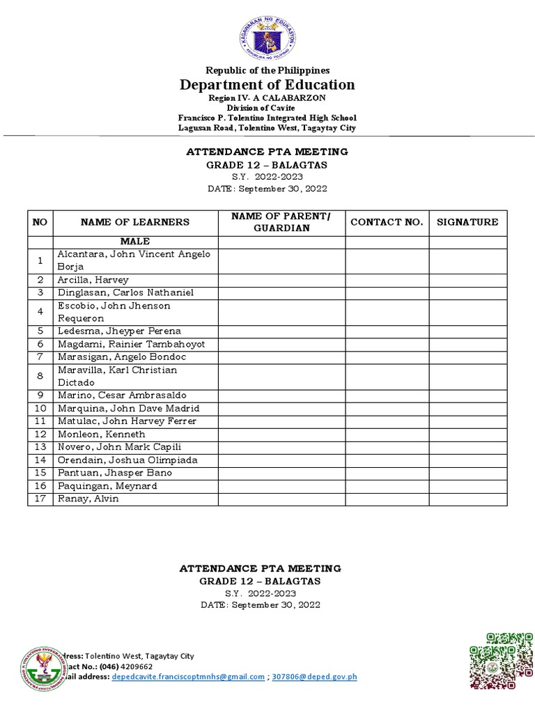 Attendance PTA Meeting BALAGTAS | PDF