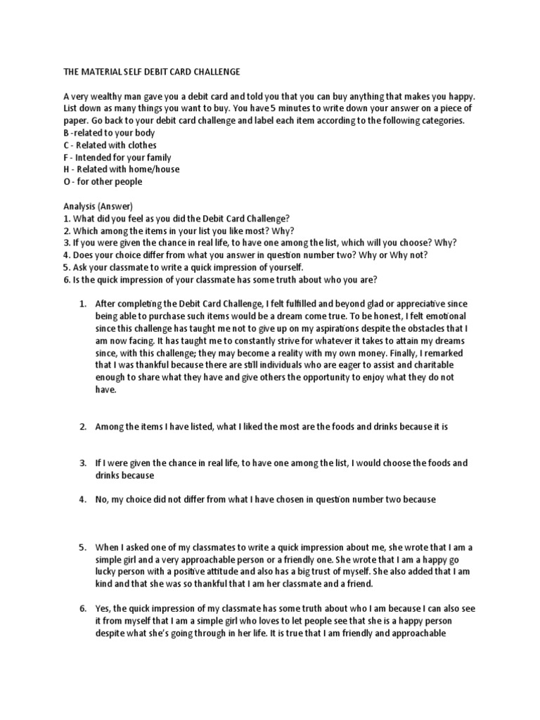 The Material Self Debit Card Challenge | PDF