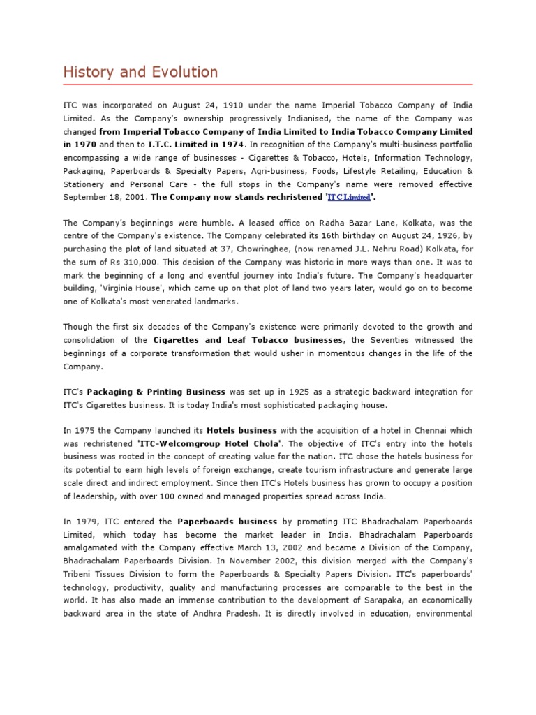 History and Evolution ITC | PDF | Board Of Directors | Corporate Social ...