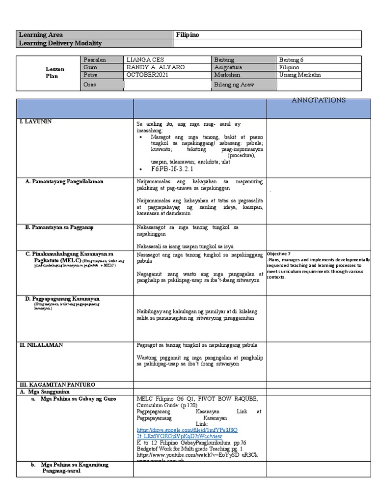 Lesson Exemplar Grade 6 Filipino | PDF