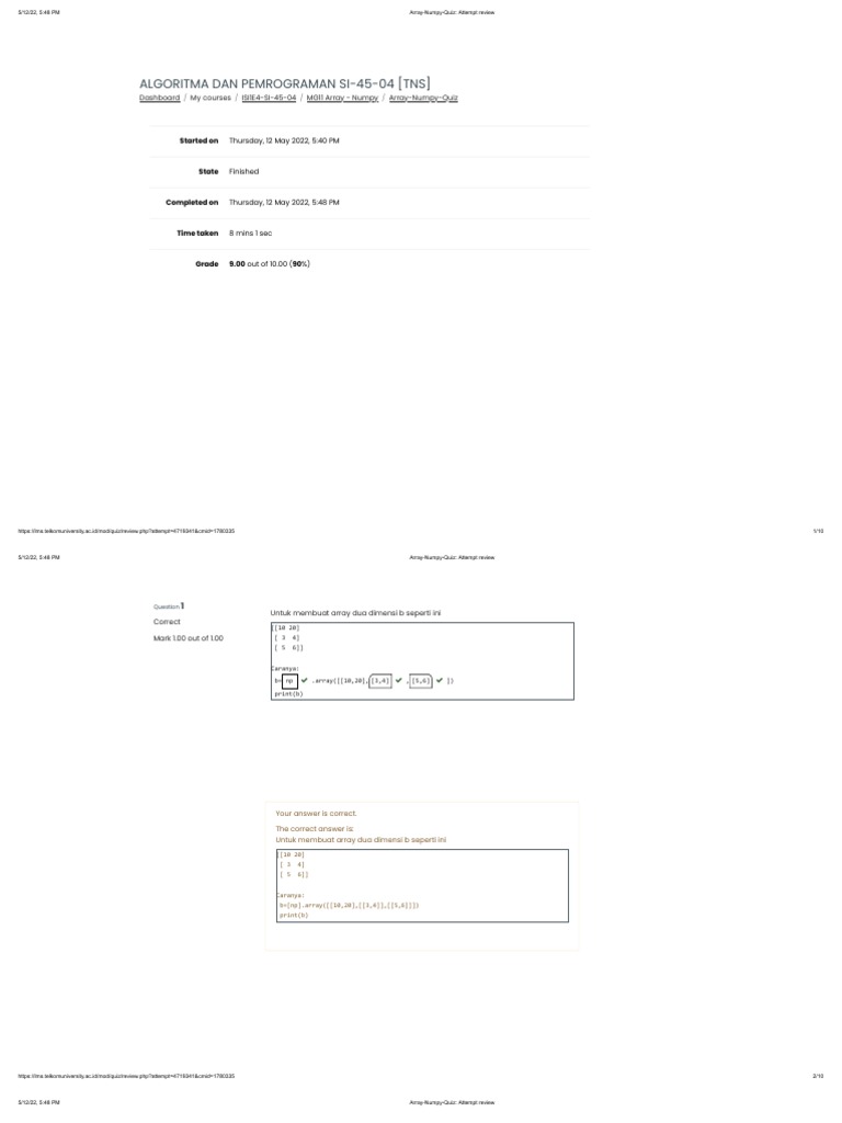 Array Numpy Quiz Attempt Review Pdf Free Software Computer Science