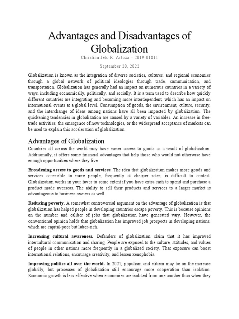 ESSAY01 - Advantages and Disadvantages of Globalization | PDF | Globalization | Labour Economics