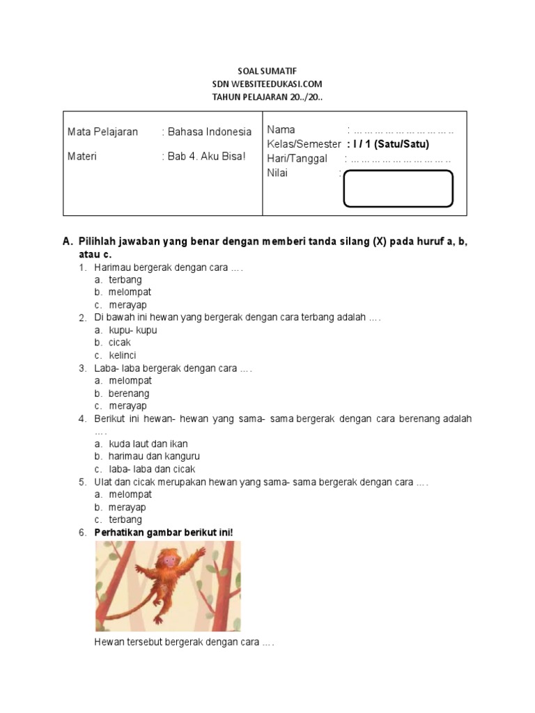 Soal Sumatif B.indo Kelas 1 Bab 4 Aku Bisa | PDF