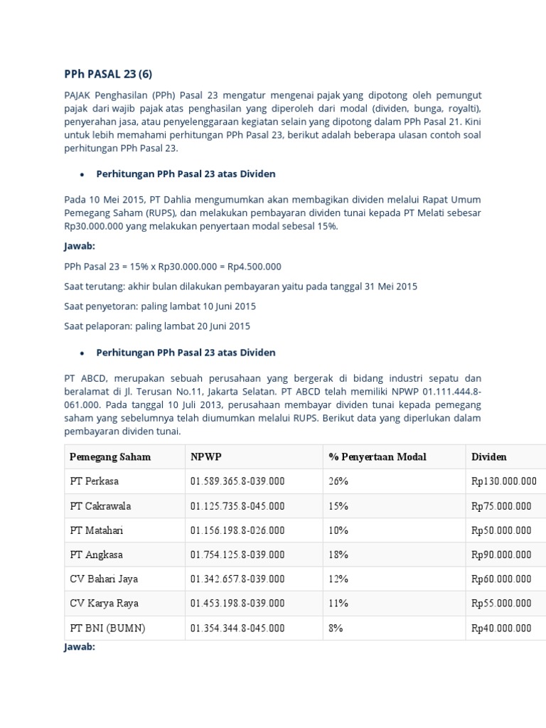 Contoh Soal Perhitungan PPH Pasal 23 | PDF