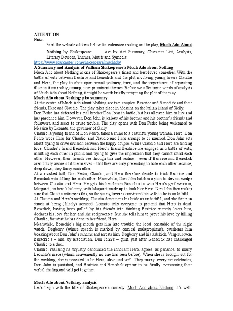 A Summary and Analysis of William Much Ado About Nothing-1 | PDF | Much ...
