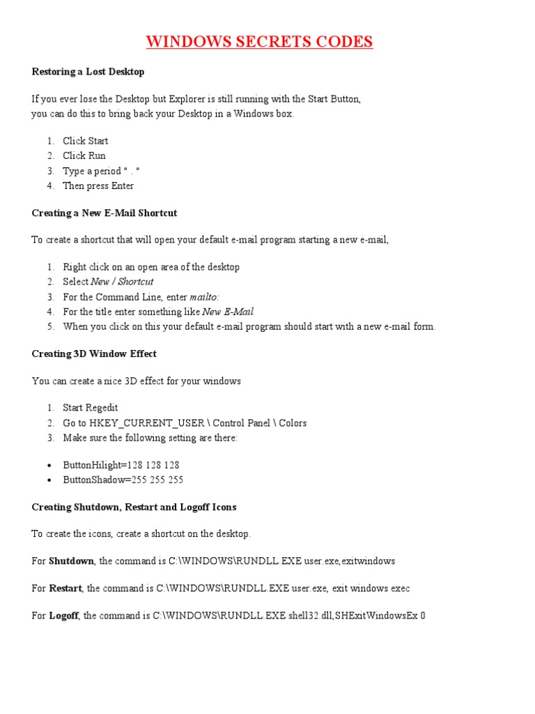 Windows Secrets Codes: Restoring A Lost Desktop | PDF | Icon (Computing ...