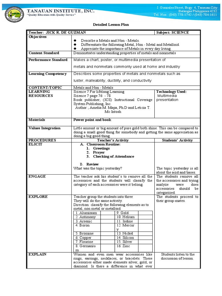 Lesson Plan in Metal and Non Metals | PDF | Metals | Silicon